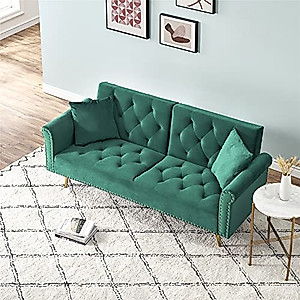 PBOGHLRD Convertible Velvet Loveseat Sofa, Upholstered Nail Head Futon Sofa Bed with Two Pillows, Modern Sleeper Couch Bed for Living Room, Bedroom, Home Office (Green)
