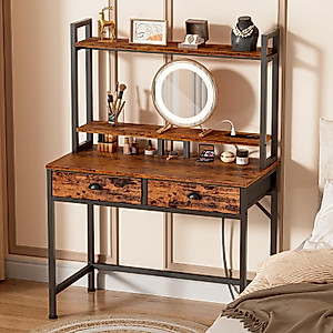 Furologee Small Computer Desk with Drawers, 36 Inch Home Office Desks with Power Outlet and LED Light, Gaming Desk with Monitor Stand, Modern Work/Writing/Study Table for Bedroom, Rustic Brown