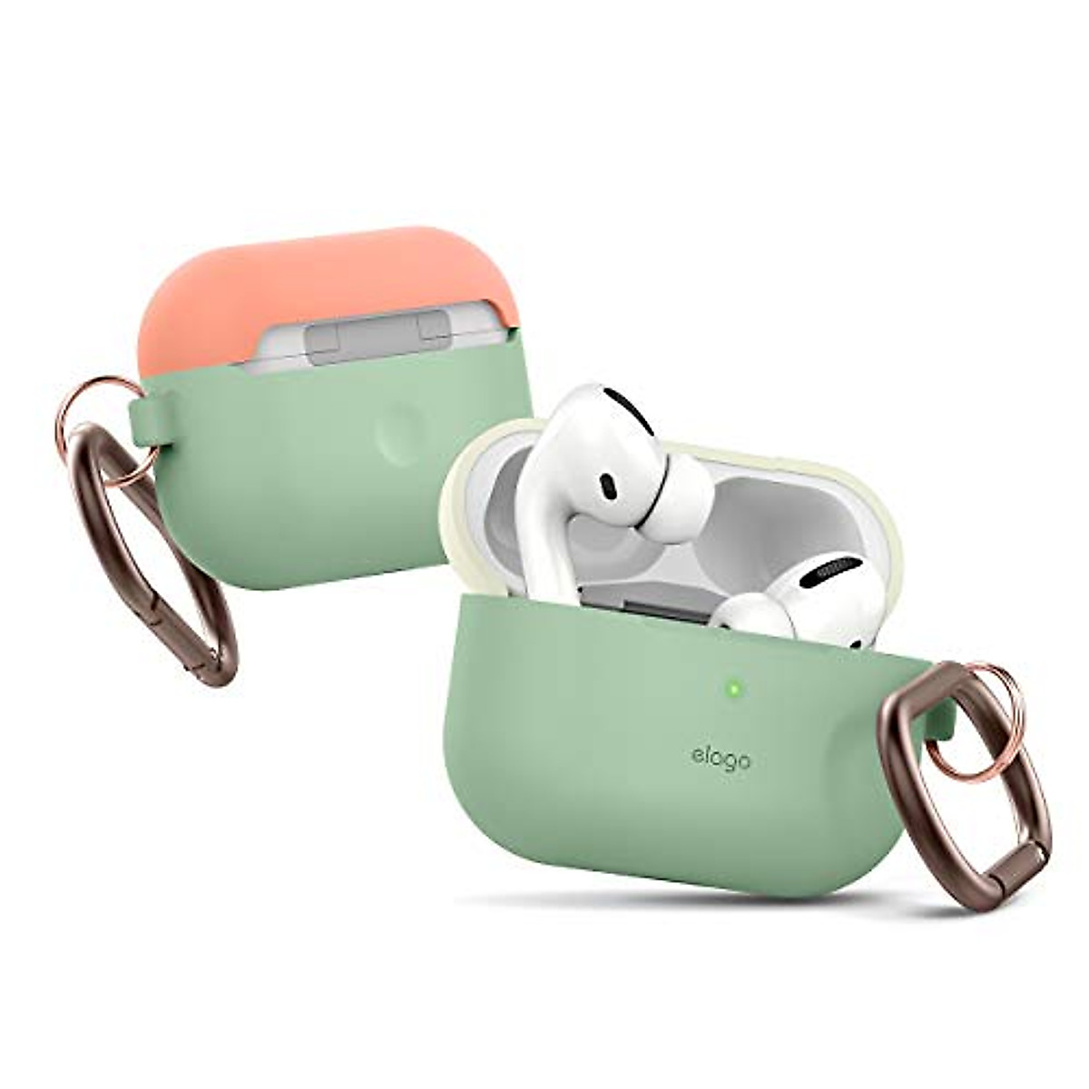 elago Duo AirPods Pro Case with Keychain Designed for Apple AirPods Pro Case Cover, 2 Caps + 1 Body (Front LED Visible) [ Classic White, Peach + Pastel Green ]