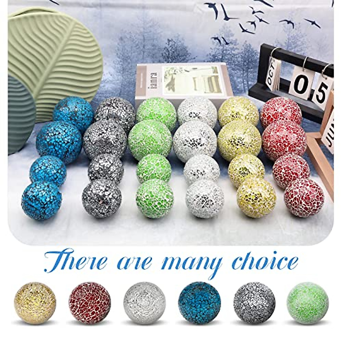 Kepfire 3Pcs Mosaic Glass Sphere 3.15 Inch Round Crackl Orbs for Bowls Vases Dining Table Centerpiece Home Decoration - Gold