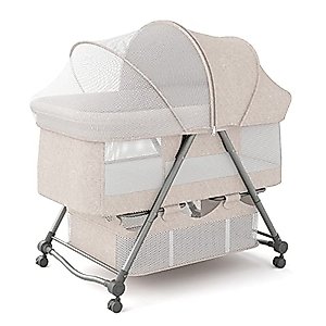 67i Baby Bassinet Portable Folding Rocking Bassinet for Baby 2-in-1 Rocking Cradle Quick-Fold Bassinet for Newborn Infant Crib Toddler Bassinet with Storage Basket and Travel Bag (Deep Khaki)