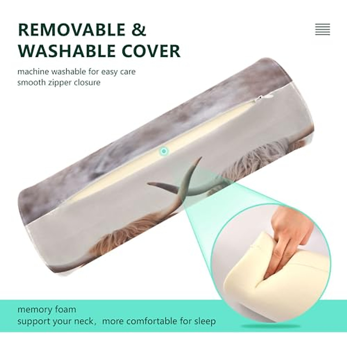 xigua Highland Cattle Neck Roll Pillow for Neck Relief with Removable Washable Cover - Memory Foam Round Cylinder Bolster, Ergonomically Designed for Head, Neck, Back, and Legs