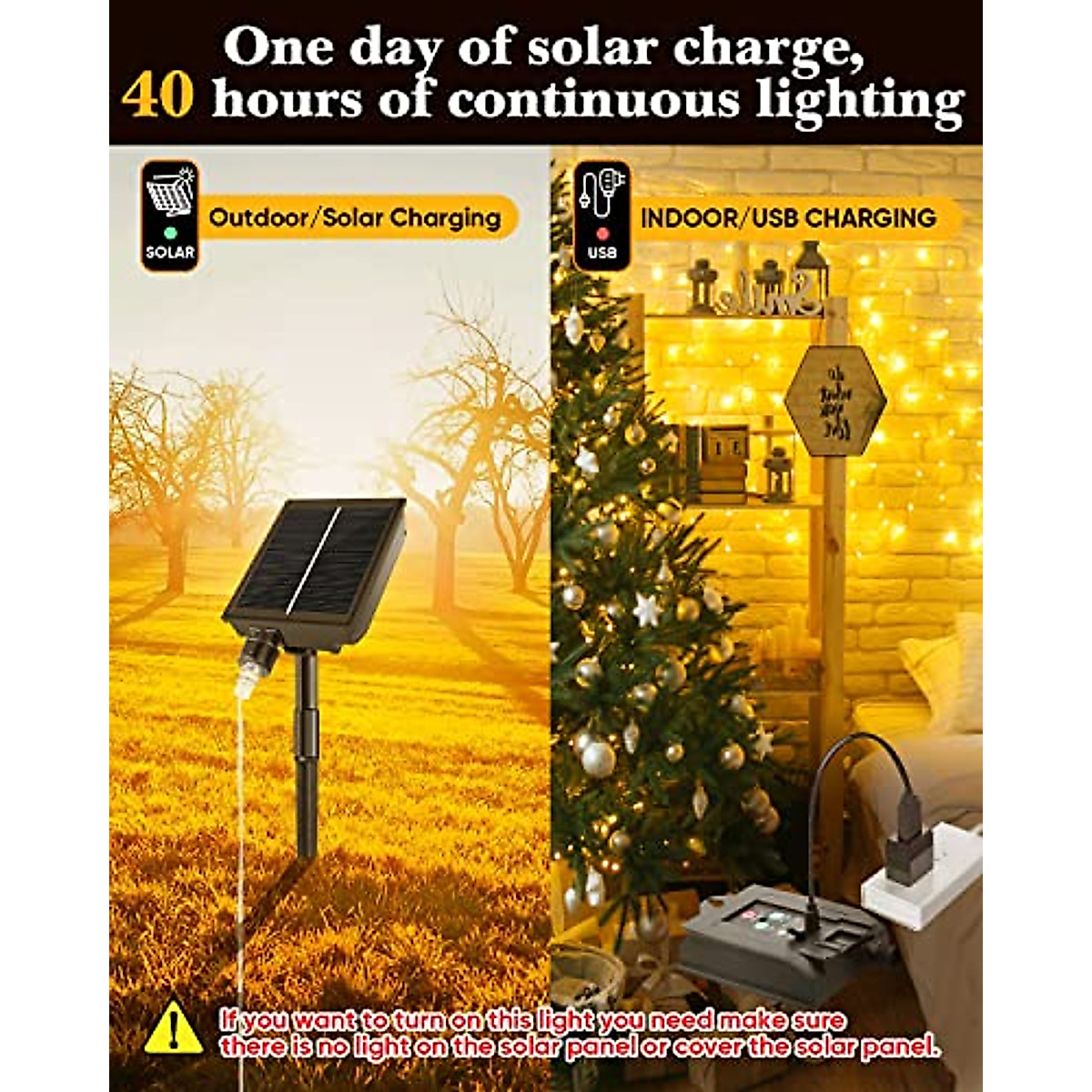 BUYISNIS Solar String Lights Outdoor, 66Ft 200 LED Solar/USB Powered Fairy Lights, 8 Modes with Remote Christmas Lights for Patio Garden Tree Party Yard Weeding Xmas Outside Decoration (Warm & White)