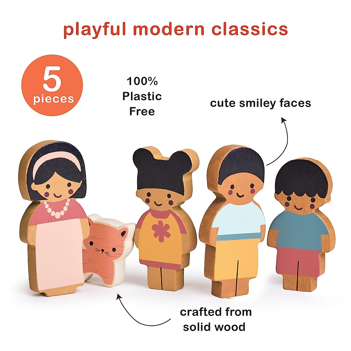 Mentari Toys - Doll Family with Cat - 5pc Multicultural Solid Wood Doll Set with Playful Kitten - Perfectly Sized for Little Hands - Encourages Imaginative Play and Social Skills - Age 12m+