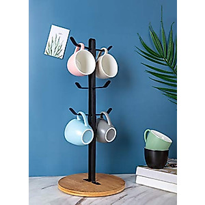 TIEYIPIN Coffee Mug Holder, Espresso Cup Holder, Mugs Tree Hanger, Bamboo Base Coffee Cup Holder Stand with 6 Hooks for Kitchen, Coffee Bar Counter