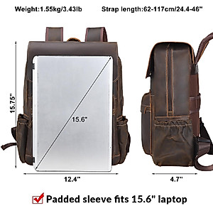 Vintage Full Grain Leather 15.6 Inch Laptop Backpack for Men Casual Travel Work Bag Bookbag Daypack with YKK Zipper Brown, Large