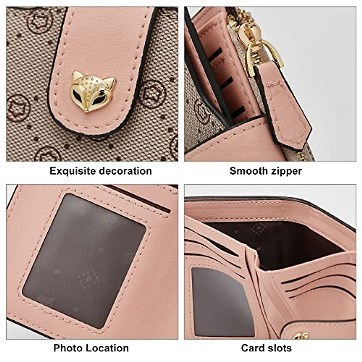 FOXLOVER Small Wallets for Women, Faux Leather Ladies Cute Zipper Purses Wallet with ID Window Credit Card Holders Gift Box Packing Womens Signature Monogram Wallets (Grey+pink)