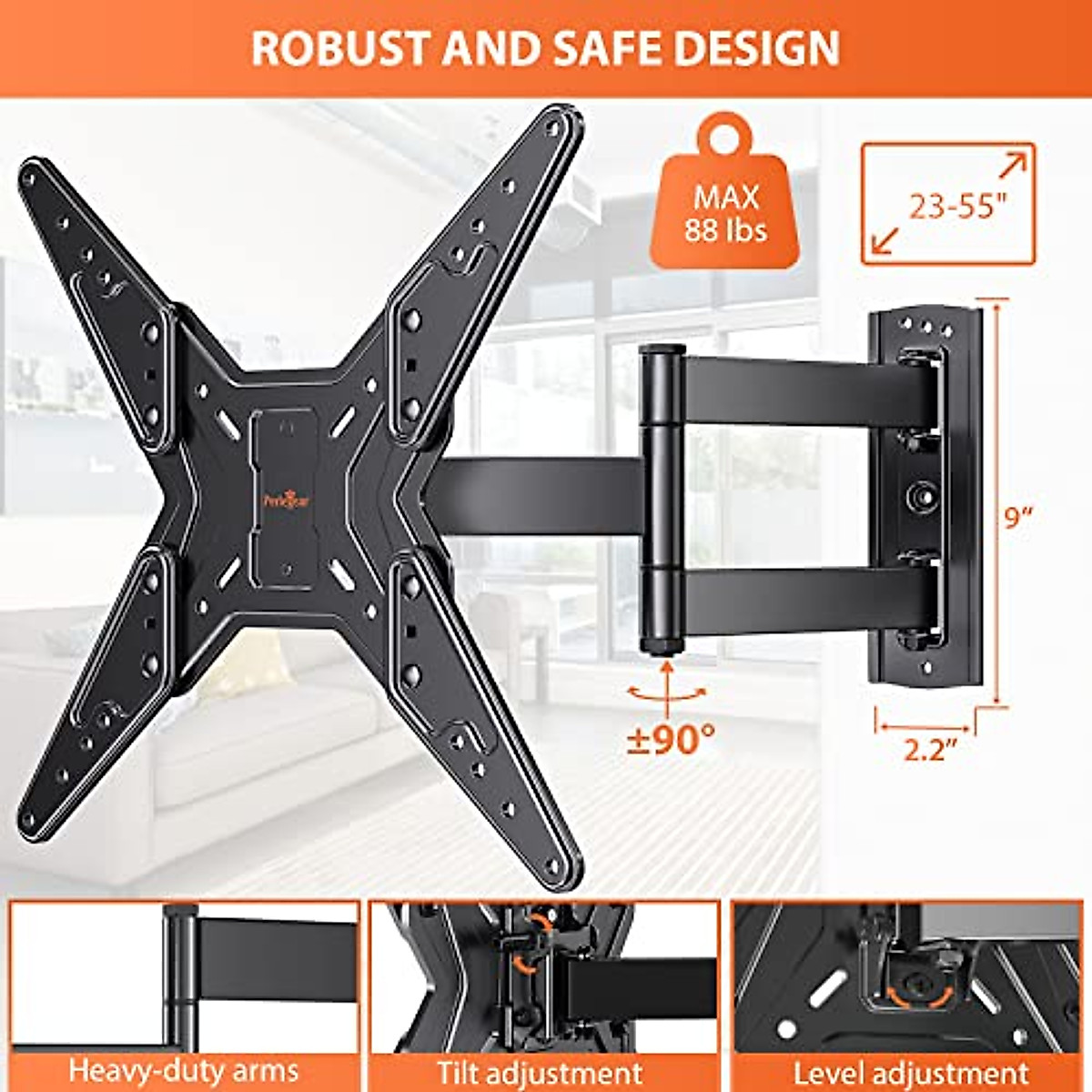 Full Motion TV Wall Mount for Most 23-55 Inch Flat Curved TVs, Single Stud Wall Bracket TV Mount with Swivel Articulating Extension Tilt Arm, Max VESA 400x400mm up to 88lbs by Perlegear, PGMF5