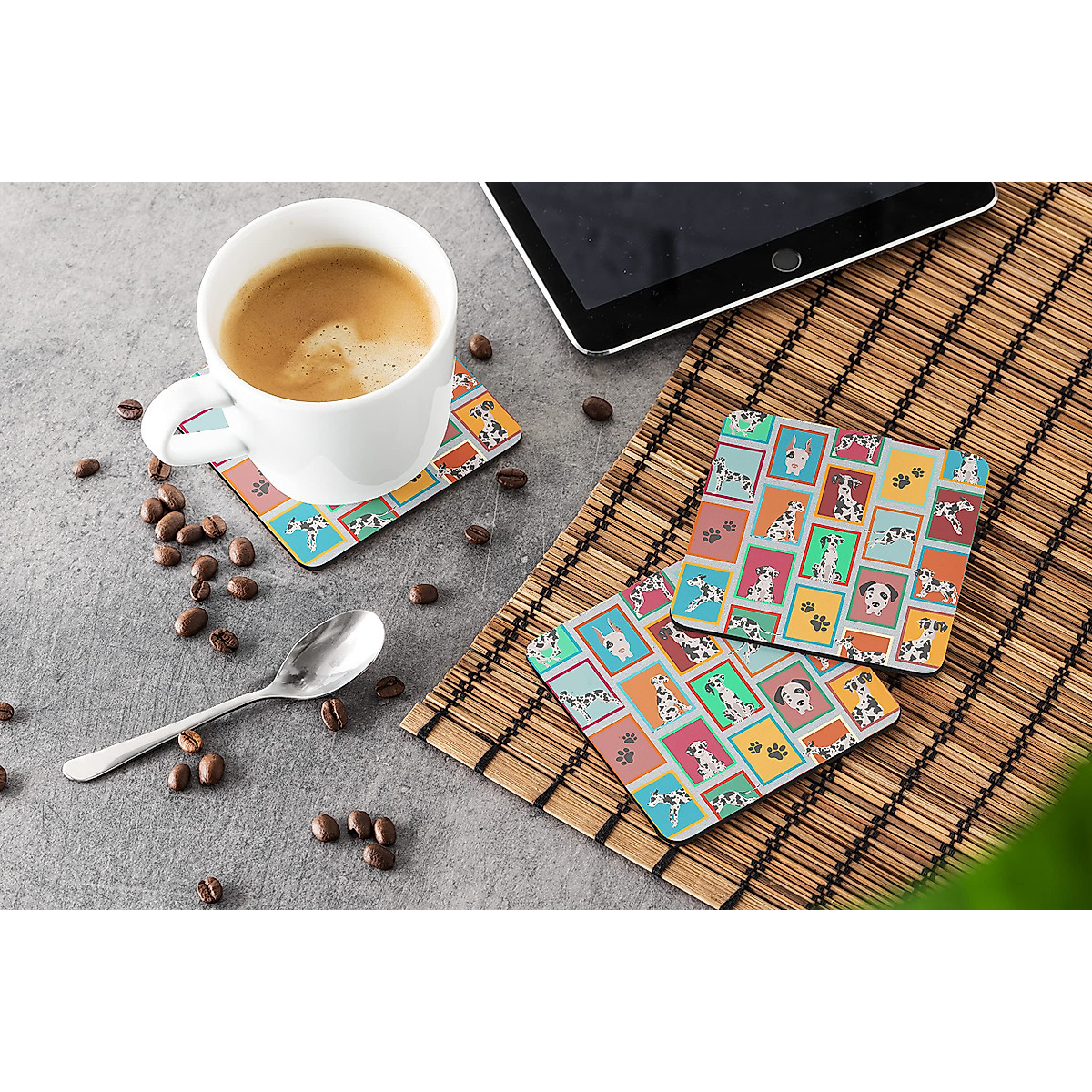 Caroline's Treasures MLM1115FC Lots of Harlequin Natural Ears Great Dane Foam Coasters Set of 4 Cup Coasters for Indoor Outdoor, Tabletop Protection, Anti Slip, Mouse pad Material