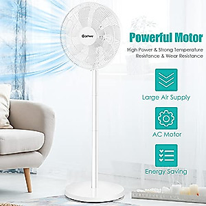 COSTWAY 16-Inch Standing Pedestal Fan, Height Adjustable 90° Oscillating Fan with Remote Control, 3 Wind Speeds & 60° Tilt, Quiet 7-Blade Stand Fan for Bedroom, Living Room, Home, Office, White