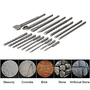 Hammer Drill Bit Set SDS Plus Rotary Bit Carbide-Tipped Double Flute 17Pcs Chisels Concrete Masonry Hole Tool with Storage Case