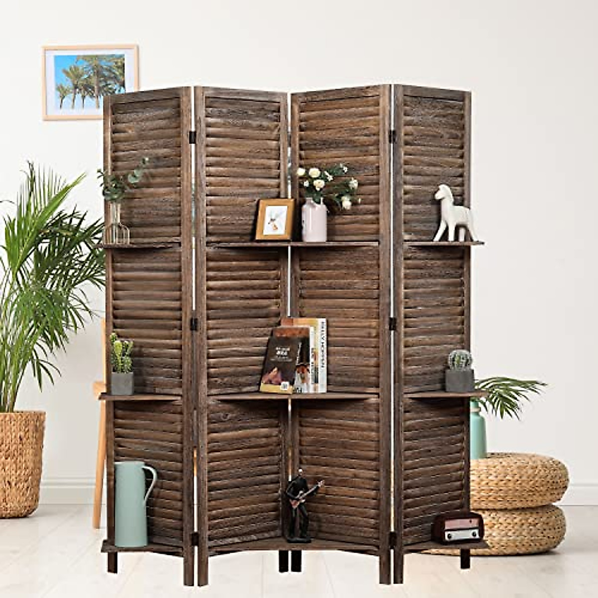Proman Products Rancho Shelf 4 Panel Room Divider FS17191, Folding Screen, Privacy Screen, Room Partition, Paulownia Wood, (Max Extend with Shelves) 47" W x 11" D x 67" H, Rustic Brown