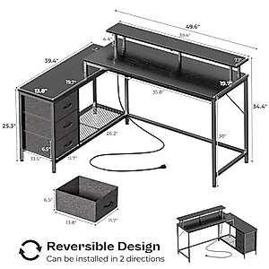 Huuger Reversible L Shaped Computer Desk with Drawers, Gaming Desk with LED Lights and Power Outlets, Office Desk with Storage Shelves, for Home & Office, Black