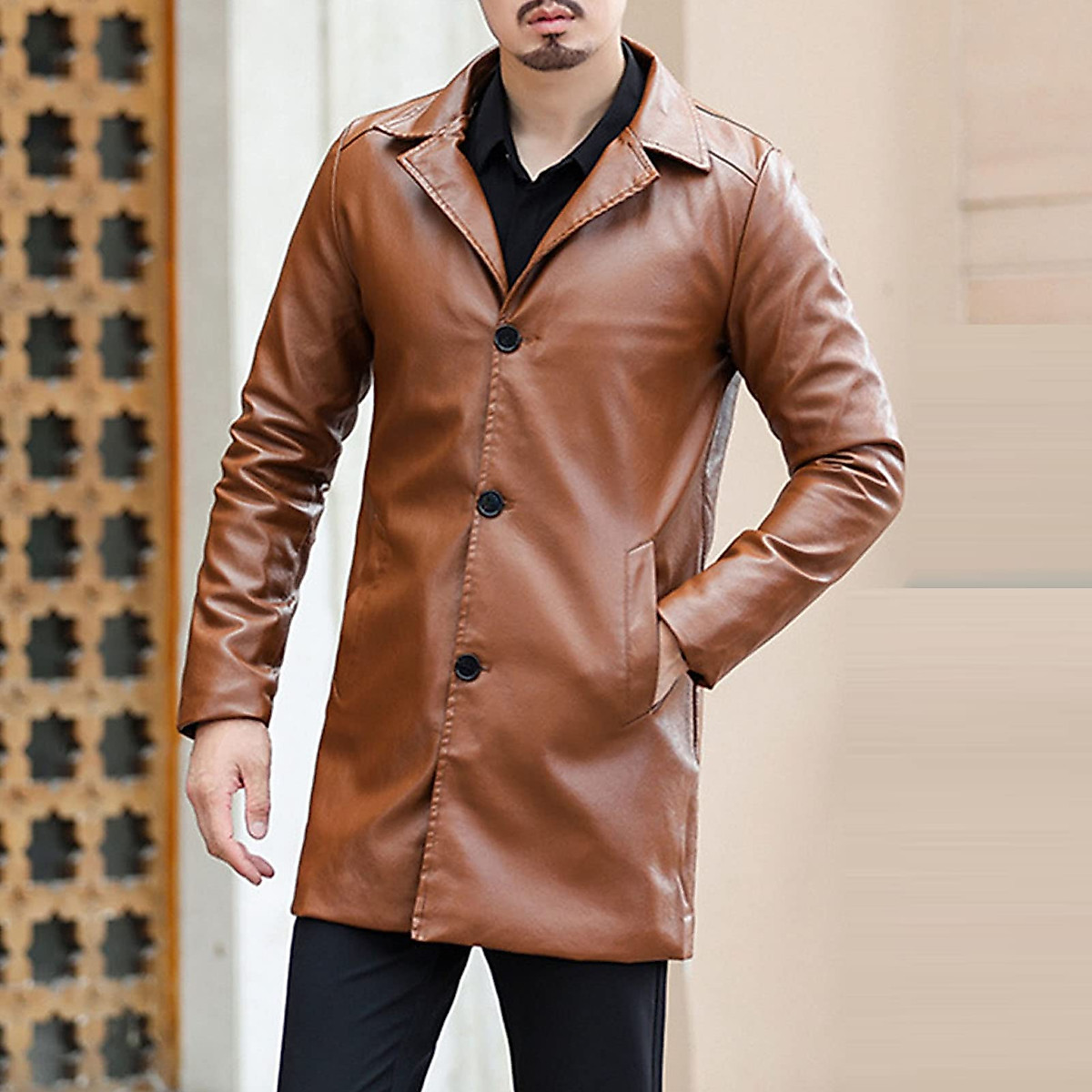 Maiyifu-GJ Men's Vintage Faux Leather Long Coat Retro Notch Lapel PU Trench Coat Casual Fleece Gothic Jacket Overcoat (Khaki,7X-Large)