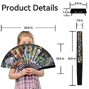 ESSSHOP 13" Large Folding Hand Rave Fan for Women/Men, Chinese Kung Fu Tai Chi Bamboo and Nylon-Cloth Foldable Held Fan with Fan Bracket for Party,Drag Queen,Decorations and Festival Gifts (Dragon)