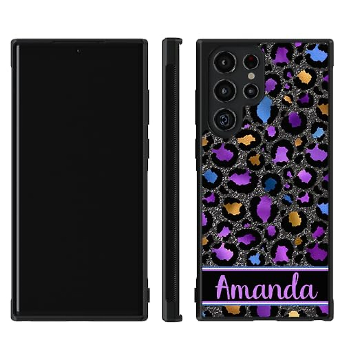 Space Leopard Purple Gold Personalized Black Rubber Phone Case Compatible With Samsung Galaxy S23, S23+, S23 Ultra, S22, S22+, S22 Ultra, S21 FE, S21, S21+ S20 FE S20 + Ultra 20 Ultra10+ S10 S10+