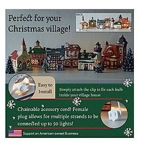 Three Bulb chainable LED Accessory Cord – 10ft Cord with Three (3) c7/e12 Candelabra LED Light Bulbs and Clips - Christmas Village, Decorations, Crafts, Lamp, Holiday (On/Off Switch)