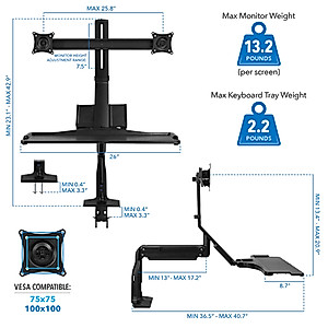Mount-It! Dual Monitor Sit Stand Workstation with Gas Spring Arm | Height Adjustable Standing Desk Converter | 2 Integrated USB 3.0 Ports | VESA 75 100 | C-Clamp and Grommet Base