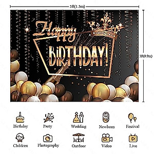 KUKUSOUL 5x3ft Black and Gold Backdrop Black Gold blloons Ribbon Happy Birthday Background for Girls Women Birthday Party Decorations Cake Table Banner Photo Booth Studio Props KUBYC397