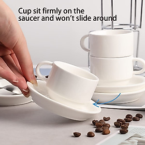 Sweejar 6-Piece Espresso Spoons 18/8 Stainless Steel Porcelain Espresso Cups with Saucers, 2.5 Ounce Stackable Cappuccino Cups