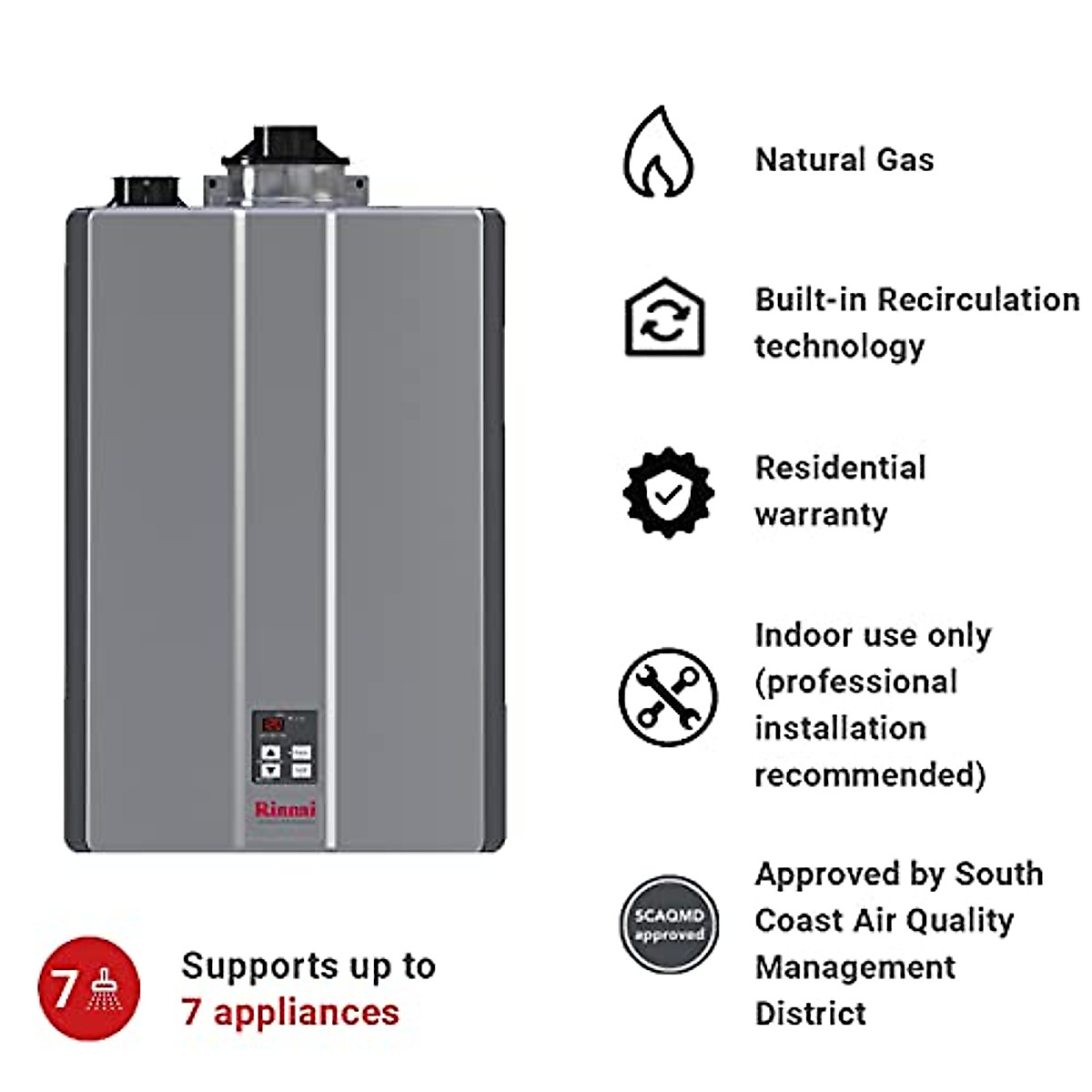 Rinnai RU199iN Condensing Tankless Hot Water Heater, 11 GPM, Natural Gas, Indoor Installation