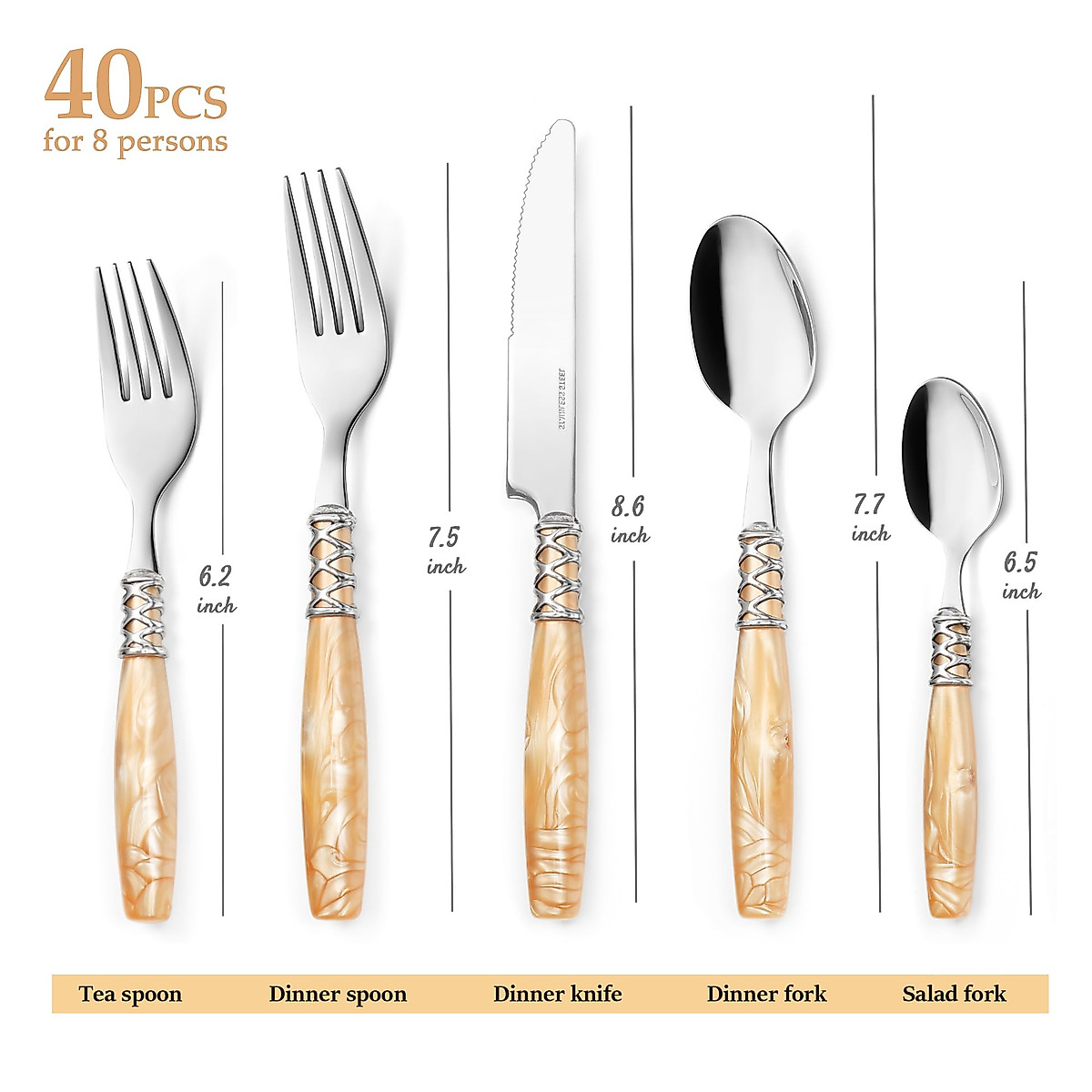 PUREAIN Laurel Silverware Set, 40 Pieces Flatware Set for 8, Vintage Cutlery Set with Champagne Acrylic Handle Including Fork Spoon and Knife, Dishwasher Safe