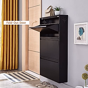 SPACEROCK 3 Drawer Shoe Storage Cabinet Wall Mounted & No-Assembly 25“ Metal Shoe Cabinet for Entryway, Hallway, and Corridor, Holds 12 Pair Shoes, Black