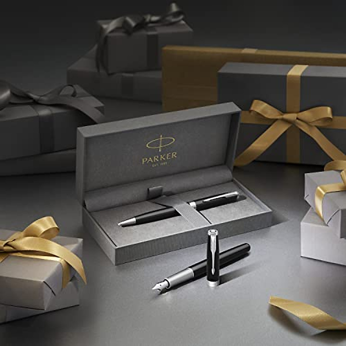 PARKER Sonnet Fountain Pen, Prestige Chiseled Silver with Gold Trim, Solid 18k Gold Medium Nib