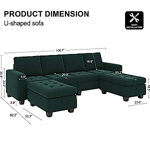 Belffin Velvet U Shaped Sectional Sofa Couch with Storage Ottoman Convertibel Sectional Sofa with Reversible Chaises Green