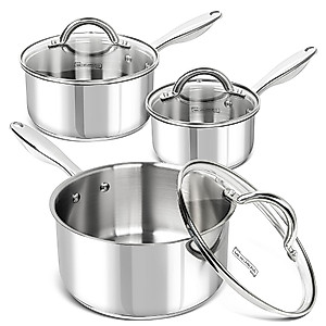 MICHELANGELO Saucepan Set 6pc, 18/10 Stainless Steel Sauce Pan with Lid, Tri-Ply Bottom Sauce Pot Set, Nonstick Saucepan, Induction Compatible, 1QT & 2QT &3QT