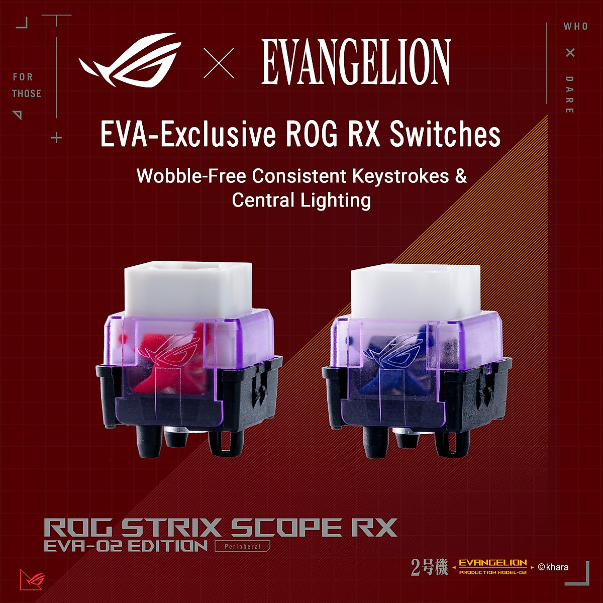 ROG Strix Scope RX EVA-02 Edition, 100% RGB Gaming Keyboard, ROG RX Blue Optical Mechanical Switches, IP57 Water Resistance, USB Passthrough, Wider Ctrl Key, Stealth Key, Macro Support, EVA-themed