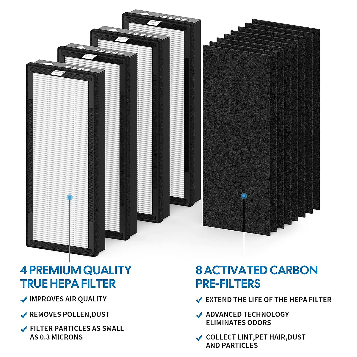 4 Pack True HEPA Replacement Filter Compatible with VEVA 8000 Elite Pro Series Air Cleaner Purifier, 4 HEPA Filters & 8 Premium Carbon Pre Filters