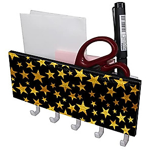 Leather Hook Rack Rail Wall Mounted, Black Background with Golden Stars Coat and Hat Self Adhesive Hooks up for Hanging Pant Towel Key Purse Kitchenware