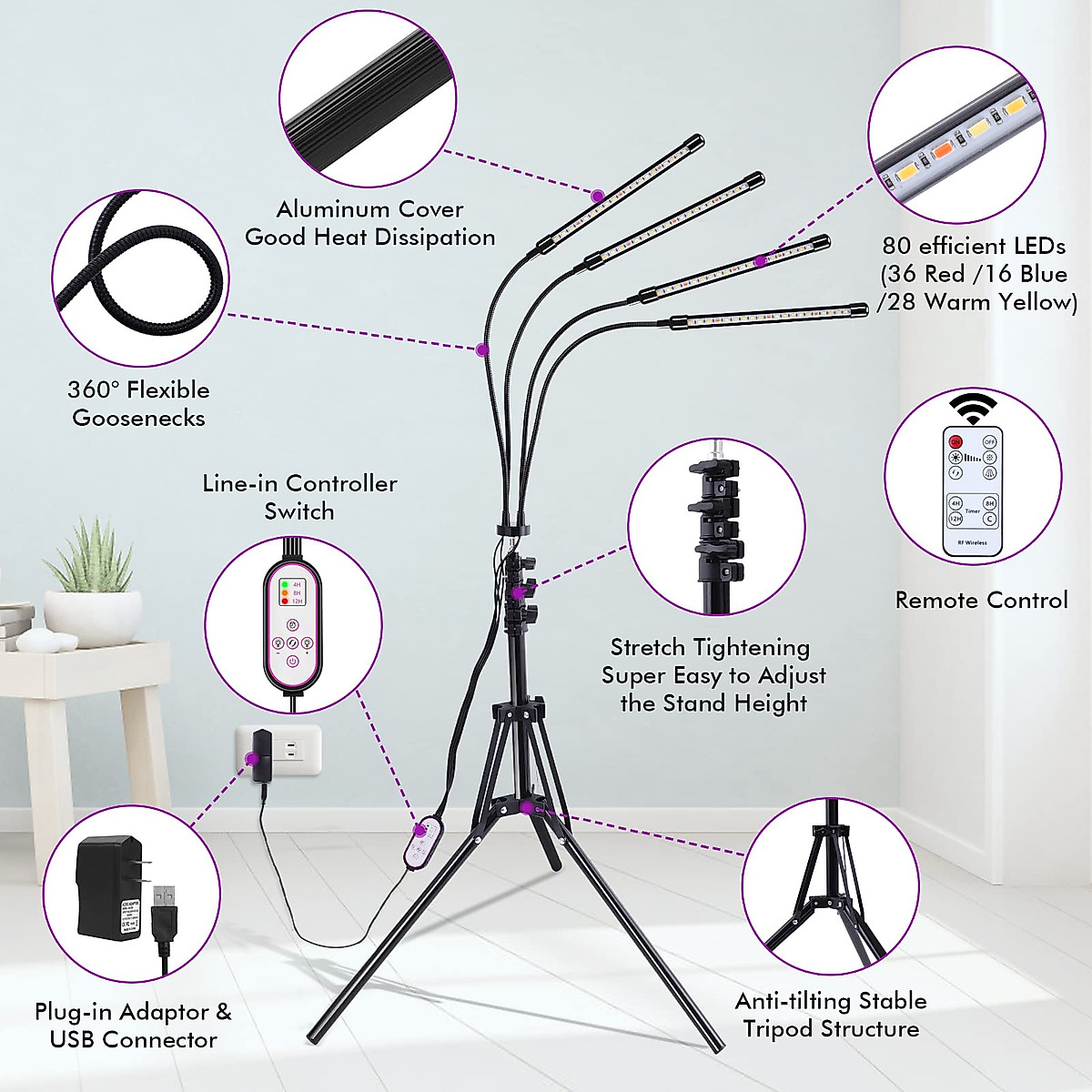 Felibeaco Plant Grow Light with Adjustable Tripod Stand (14"-63"), 4 Head Floor LED Grow Lamp for Indoor Plants with Dual Controllers,100W Full Spectrum Plant Lights with Timer, 10 Brightness