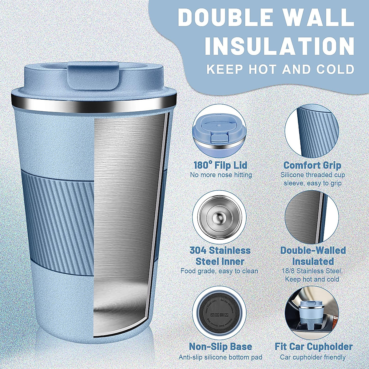 Insulated Coffee Tumblers with Flip Lid 12oz / 17oz, Stainless Steel Travel Coffee Mug Leak Proof, Vacuum Insulated Coffee Mug Thermos Cup, Keeps Cold and Hot for Coffee Tea