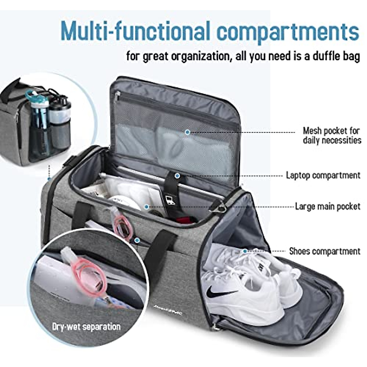 Gym Bag for Women & Men, Travel Duffel Bag for Sports, Gyms and Weekend Getaway, Waterproof Dufflebag with Wet Pocket & Shoes Compartment, Lightweight Carryon Gymbag