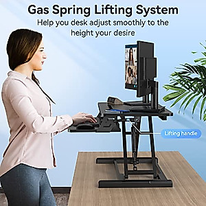 Standing Desk Converter, 35’’ W Height Adjustable Desk Riser w/ Detachable Keyboard Tray, Gas Spring , Fits Dual Monitors, Stand up Desk Riser for Standing or Sitting, Ideal for Home Office, Black