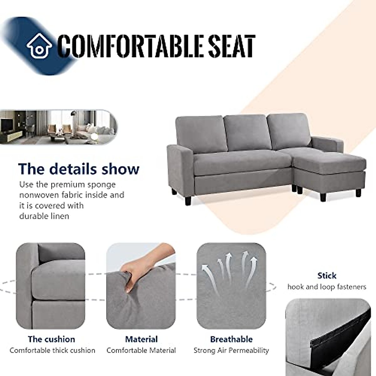 JY QAQA Convertible Sectional Sofa Couch,78’’ L-Shaped Couch with Modern Linen Fabric 3-Seat Wide Reversible Chaise for Small Space(Light Grey)