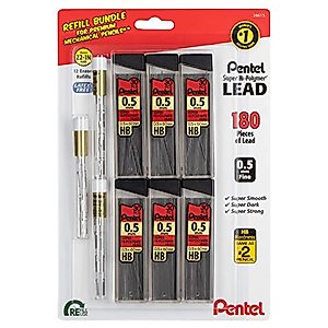 Pentel Eraser and Lead Refill Pack for Mechanical Pencils - Super Hi-polymer Lead Refills Value Pack, 0.5mm 6 Pack of 30 Pieces – Pack of White Eraser Refills 3 Packs of 4 Erasers