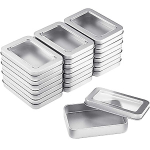 Metal Tin Box Metal Tins With Lids Clear Top Tins Box Empty Storage Tins Case Rectangle Containers Can with Large Clear Window for Candles, Candies, Gifts, Balms and Treasures, Silver(24 Pieces)