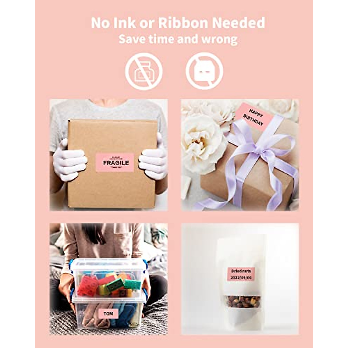 Label Printer with Thermal Pink Round Label - 1.25" x 2.25",1000 Sheets/Roll, 1 Roll