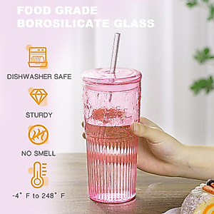 Glass Coffee Cups with Lids and Straws, 20 OZ Pink Iced Water Glasses Tumblers for Ice Juice, Tea, Milk, Smoothie and Cold or Hot Drinks, Set of 2