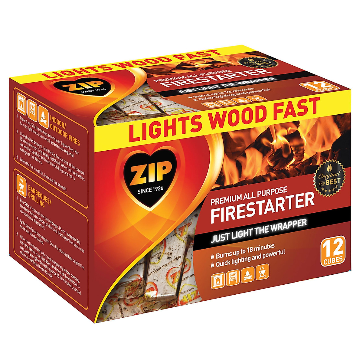 ZIP All Purpose for Outdoor and Indoor Long Burn Time Instant Light Fire Starter Ideal for Barbecue, Grilling, Camping, Hunting, Fishing, Tailgating, Firepits, Fireplace, Stove, Bonfires, Heating 12pk
