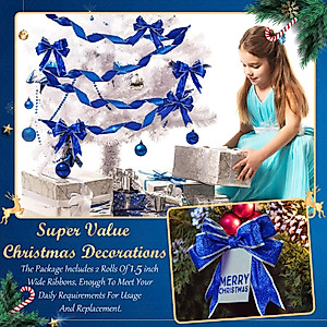 2 Rolls 20 Yards Christmas Wired Ribbons Blue Glitter Ribbon Metallic Wired Ribbon Craft Gift Wrapping Christmas Tree Ribbon for DIY Xmas Party Bows Decorations Supplies (Blue, 2 Inches)