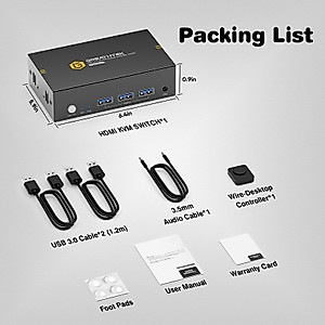 GREATHTEK HDMI KVM Switch 2 Port, 4 USB2.0 Ports, Ultra HD 4K@30Hz, 2 PCs Share 1 Set of Keyboard, Mouse and Monitor, Support Wireless Keyboard and Mouse