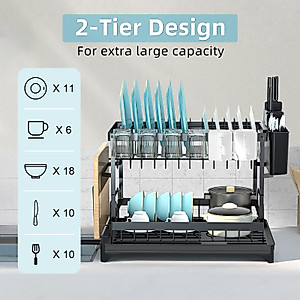 TAIJUELE Dish Drying Rack with Draining Plate, 2-Tier Rust Resistant Draining Rack for Kitchen Counter, Large Capacity Dish Organizer with Extra Drying Rack (Black)