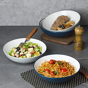 GBHOME 8.75'' Large Pasta Bowls Set of 4, 42oz Stoneware Deep Salad Pasta Bowls for Kitchen, Chip-resistant Bowls Set for Salad Pasta Meal, Microwave and Dishwasher Safe, White-Cobalt