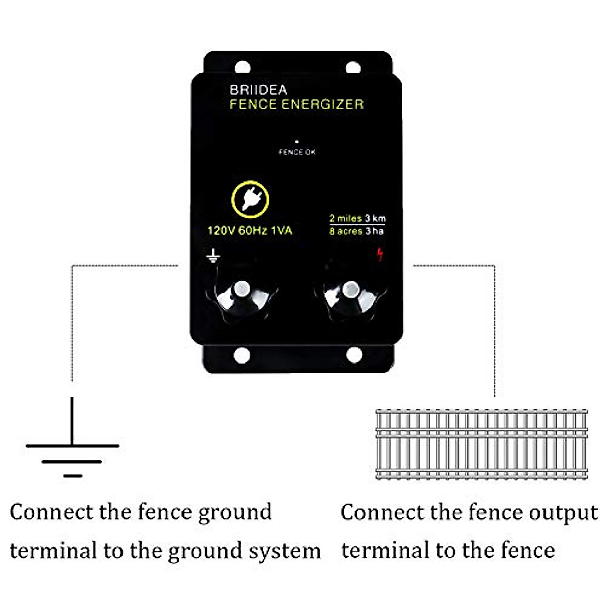 Briidea 2-Mile Electric Fence Energizer for Preventing Wild Animals Intruding 8 Acres Output Voltage 5000 V 0.1Joule