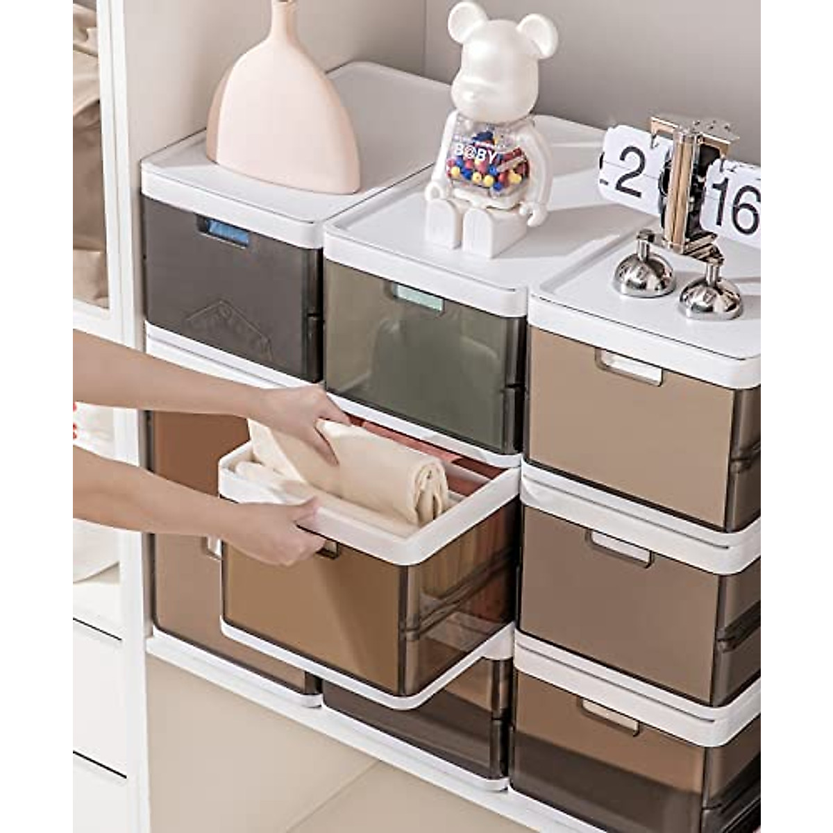 AARAINBOW Stackable Plastic Storage Bins with lids 2 Pc, Foldable Closet Clothes Organizer with Handle Wardrobe Jeans Storage Box, Clear Drawer Organizers for Cloth Toy, 18L (7+9 Grids, Clear Tawny)