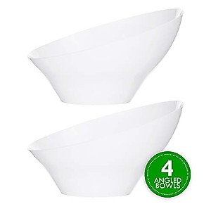 PLASTICPRO Disposable Angled Plastic Bowls Round Medium Serving Bowl, Elegant for Party's, Snack, or Salad Bowl, White, Pack of 4